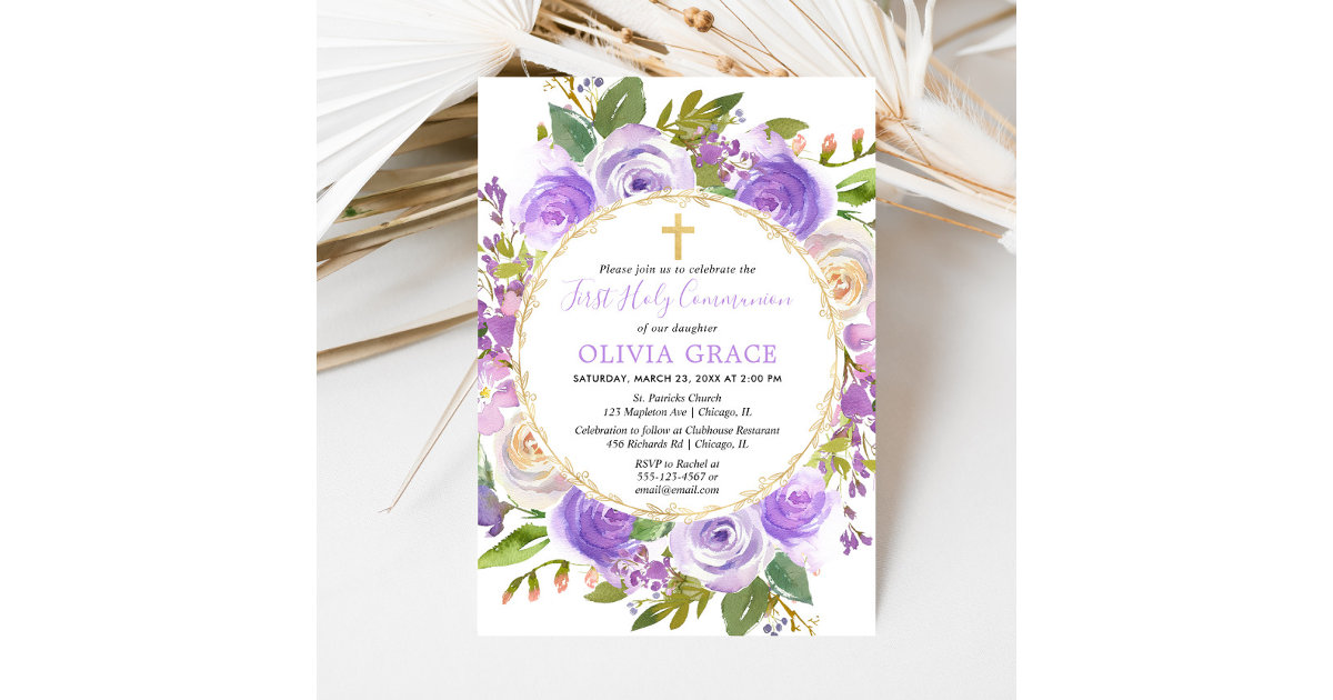 Girl First Holy Communion Floral Purple lavender Invitation | Zazzle