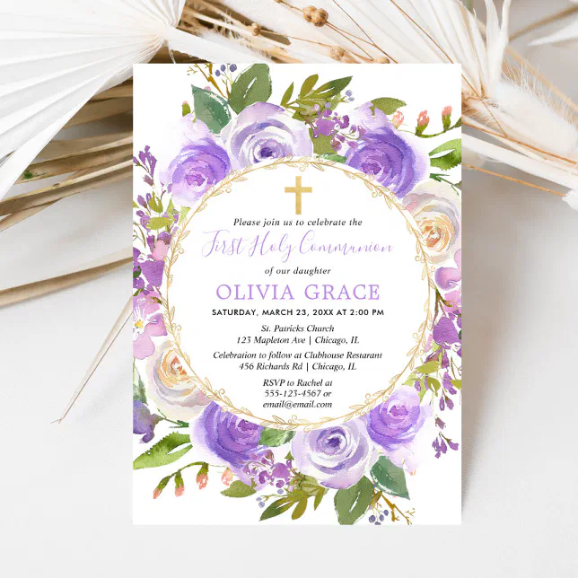 Girl First Holy Communion Floral Purple lavender Invitation | Zazzle