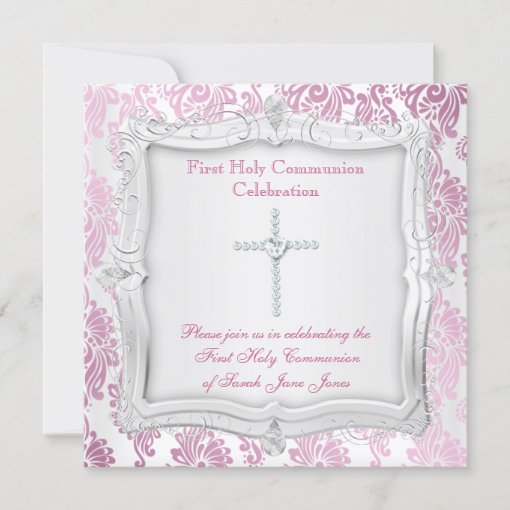 Girl First Holy Communion Pink Silver Cross Invitation | Zazzle