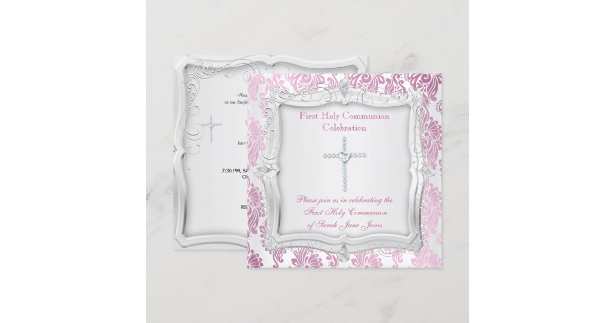 Girl First Holy Communion Pink Silver Cross Invitation | Zazzle