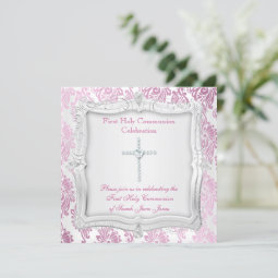 Girl First Holy Communion Pink Silver Cross Invitation | Zazzle