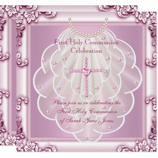 Girl First Holy Communion Pink Veil Pink Cross Invitation | Zazzle.com