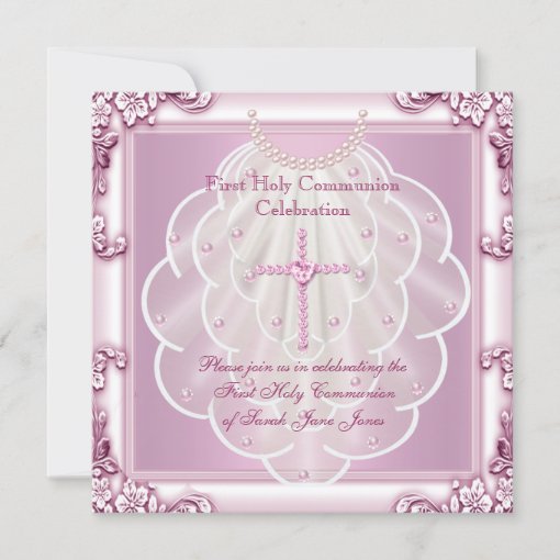 Girl First Holy Communion Pink Veil Pink Cross Invitation | Zazzle