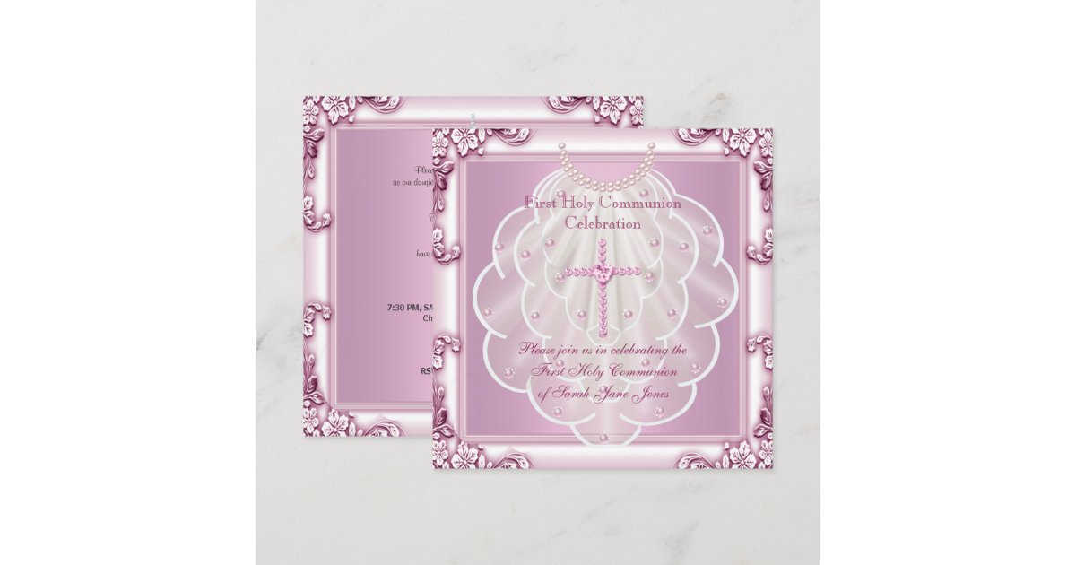 Girl First Holy Communion Pink Veil Pink Cross Invitation | Zazzle