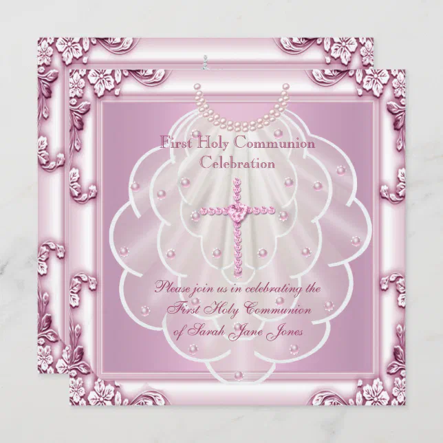 Girl First Holy Communion Pink Veil Pink Cross Invitation | Zazzle