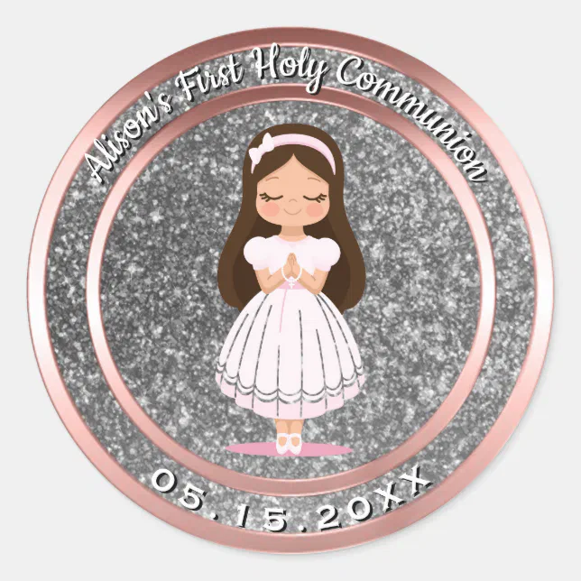 Girl First Holy Communion Silver Rose Gold Classic Round Sticker | Zazzle