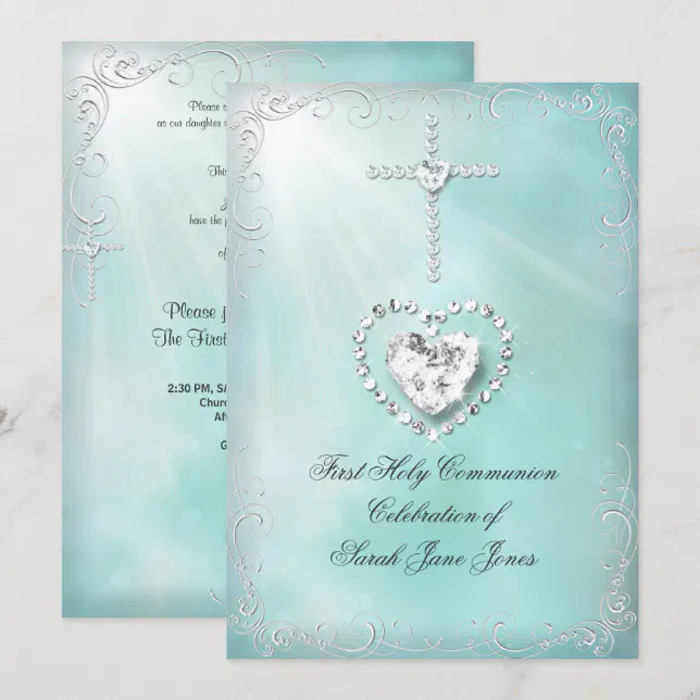 Girl First Holy Communion Teal Blue Heavenly Invitation | Zazzle