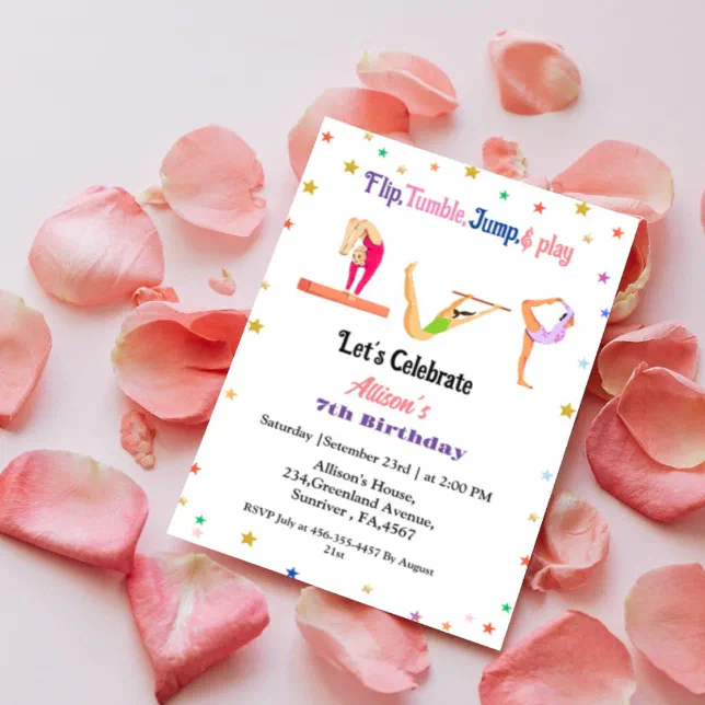 Girl flip tumble jump & play gymnastics birthday invitation | Zazzle