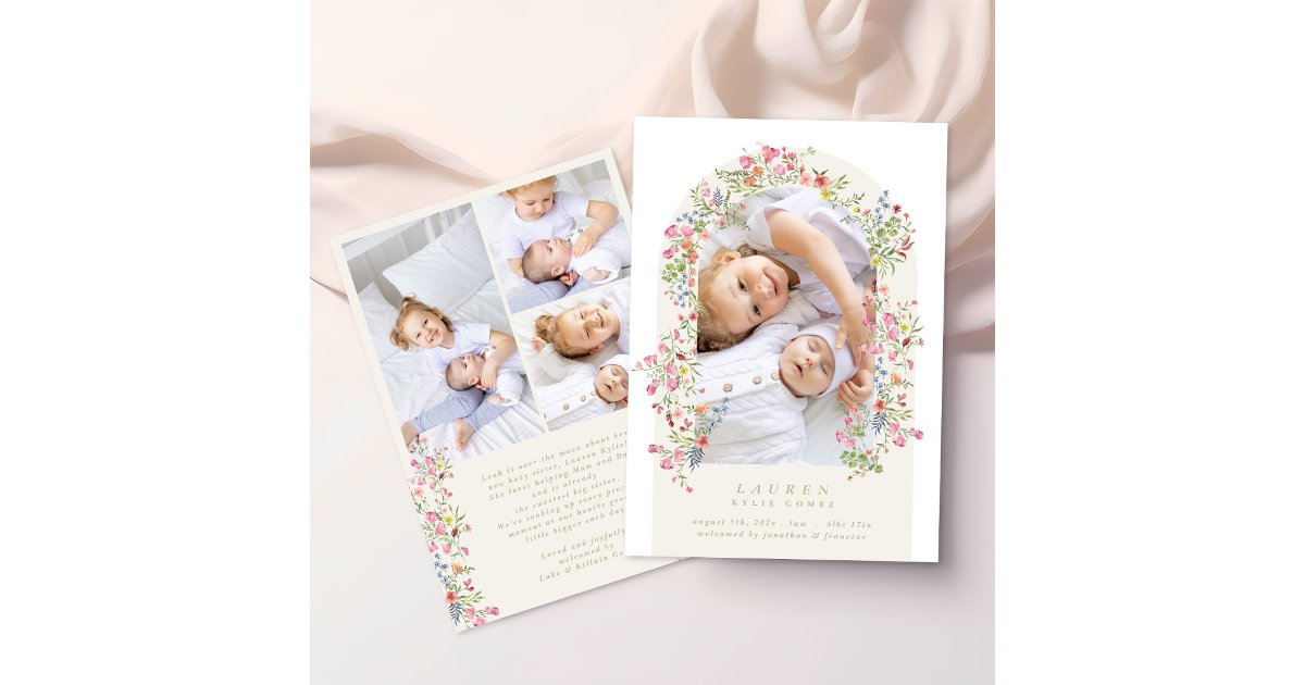 girl floral arch 4 photo custom text baby birth announcement | Zazzle