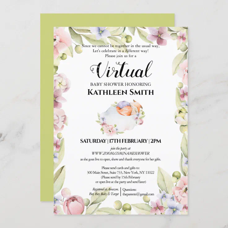 Girl Fox Elegant Floral Greenery Virtual Shower Invitation | Zazzle
