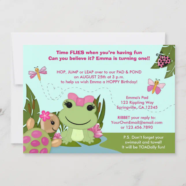 Girl FROG birthday invitation pink pond turtle | Zazzle
