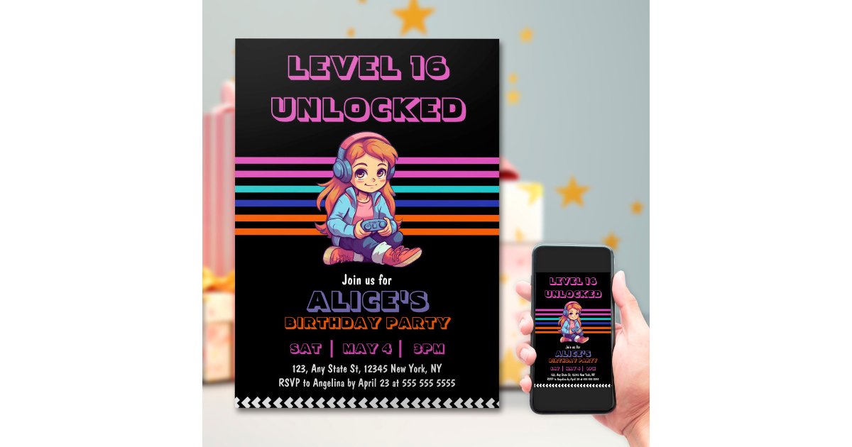 Girl Gaming Video Game Level Up Birthday Invitation | Zazzle