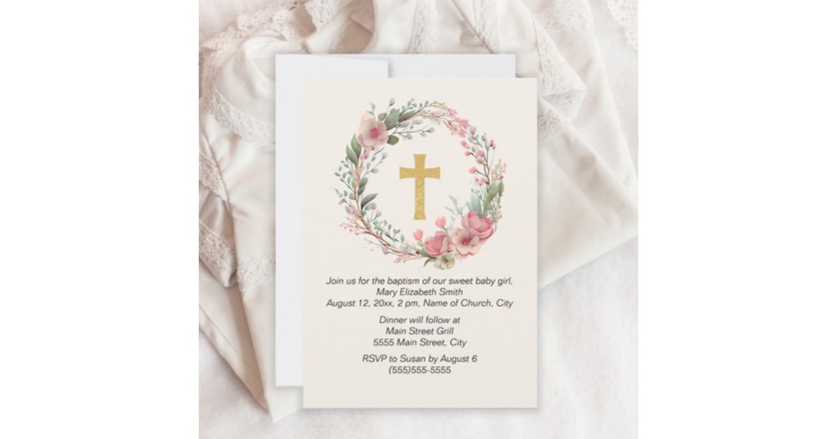 Girl Gold Cross Pink Floral Religious Baptism Invitation | Zazzle