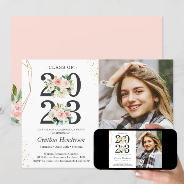 Girl Graduate Photo Blush Pink Floral Graduation Invitation | Zazzle