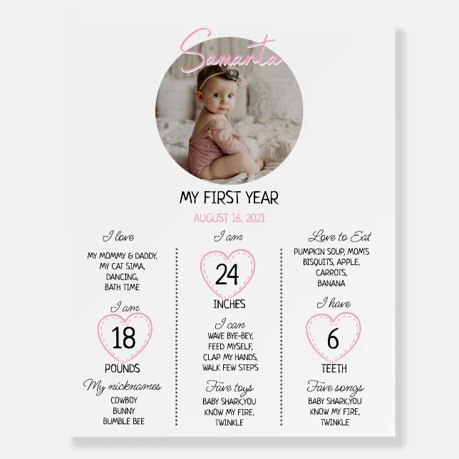 Girl Heart First Birthday Milestones Sign | Zazzle
