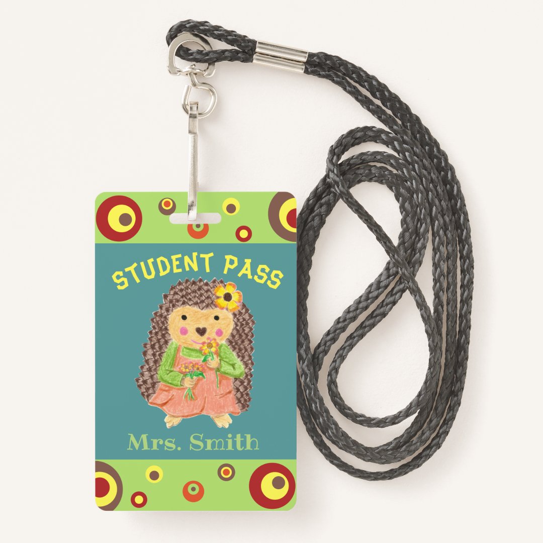 Girl hedgehog student hall pass badge | Zazzle