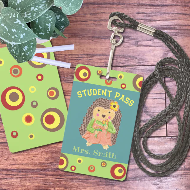 Girl hedgehog student hall pass badge | Zazzle