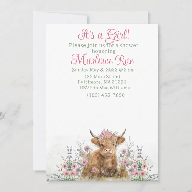 Girl Highland cow baby shower invitation | Zazzle