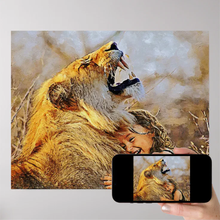 Girl hugging lion art wall for decorate. poster | Zazzle