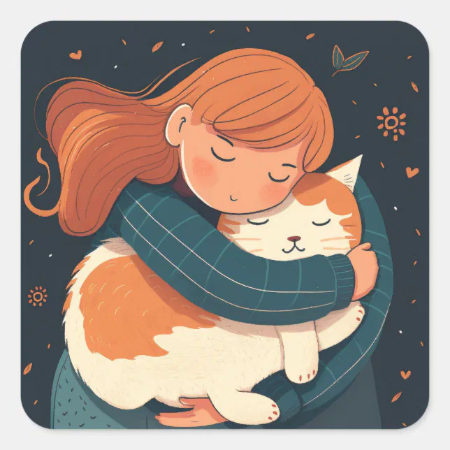 Girl hugs cute cat cartoon. Kid and funny animal Square Sticker | Zazzle