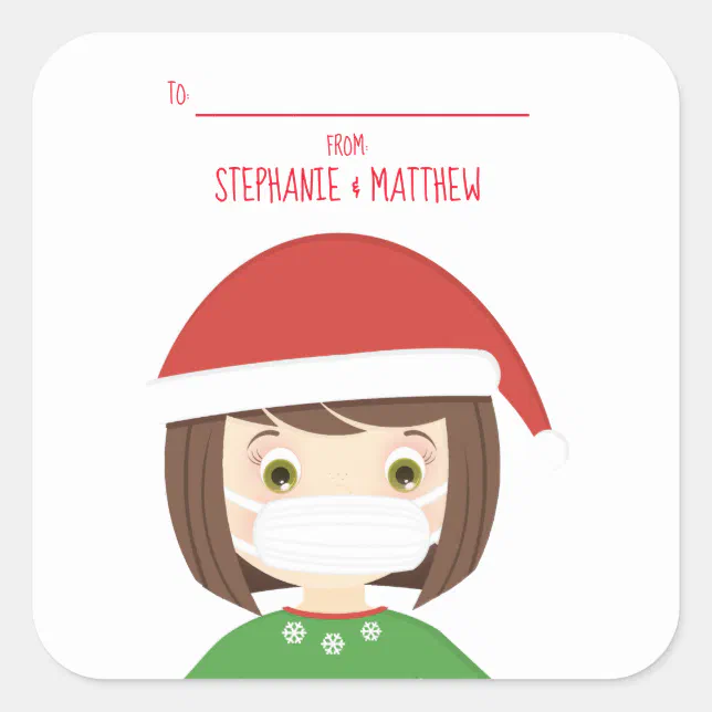 Girl in Face Mask Christmas 2020 Square Sticker | Zazzle