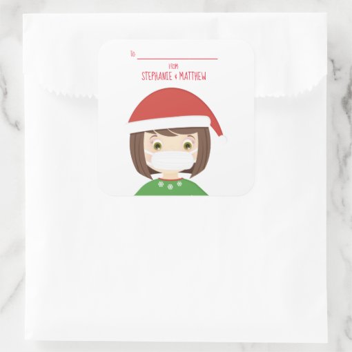 Girl in Face Mask Christmas 2020 Square Sticker | Zazzle