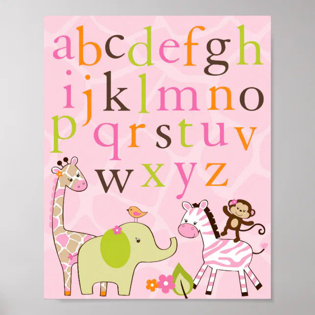 Girl Jungle Animal Alphabet Nursery Wall Art Print | Zazzle