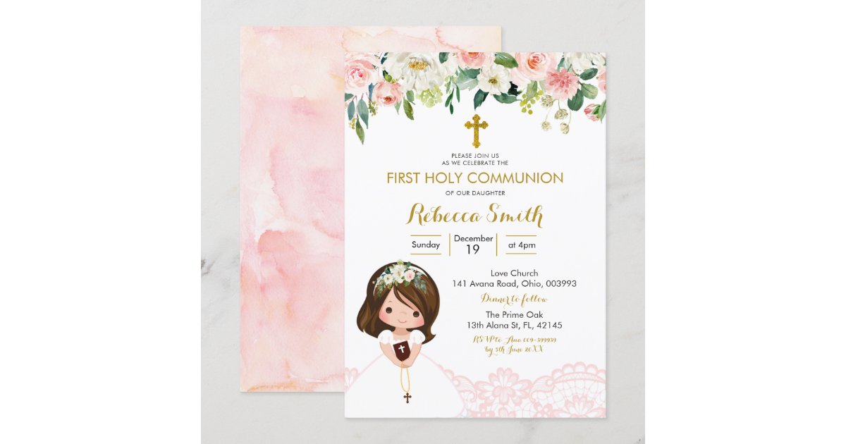 Girl Lace Floral Pink First Communion Invitation | Zazzle