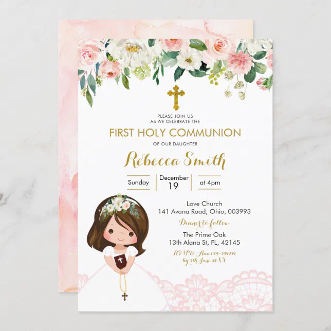 Girl Lace Floral Pink First Communion Invitation | Zazzle