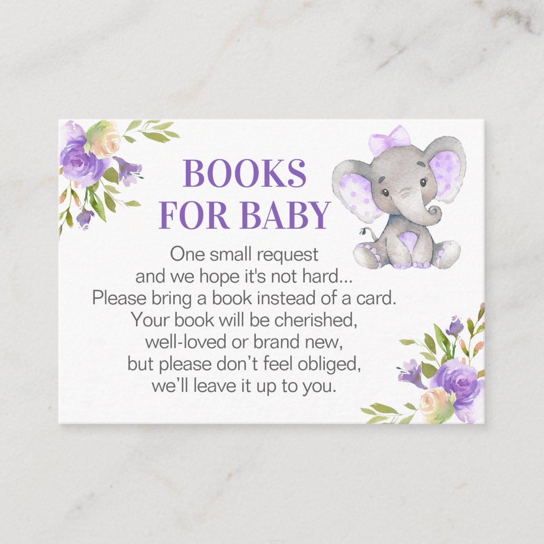Girl Lavender Elephant Books for Baby Book Request Enclosure Card | Zazzle