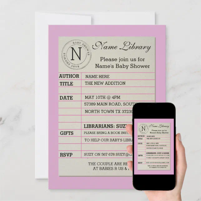 Girl Library Card Baby Shower Pink Invitation | Zazzle