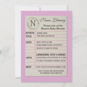 Girl Library Card Baby Shower Pink Invitation | Zazzle