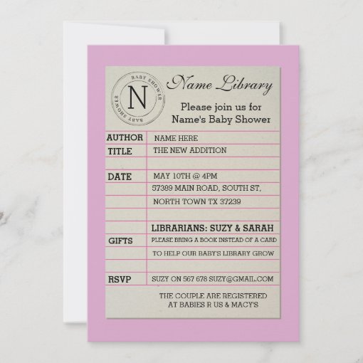 Girl Library Card Baby Shower Pink Invitation | Zazzle