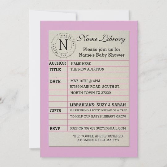 Girl Library Card Baby Shower Pink Invitation | Zazzle.com