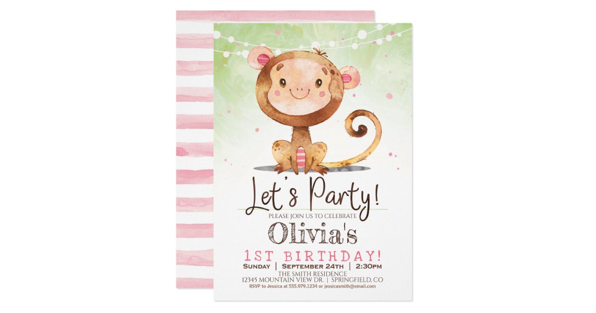 Girl Monkey Birthday Party Invitation | Zazzle.com