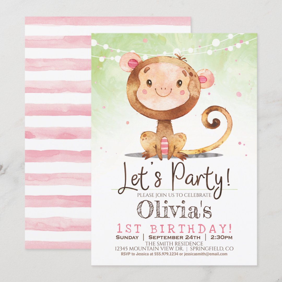 Girl Monkey Birthday Party Invitation | Zazzle