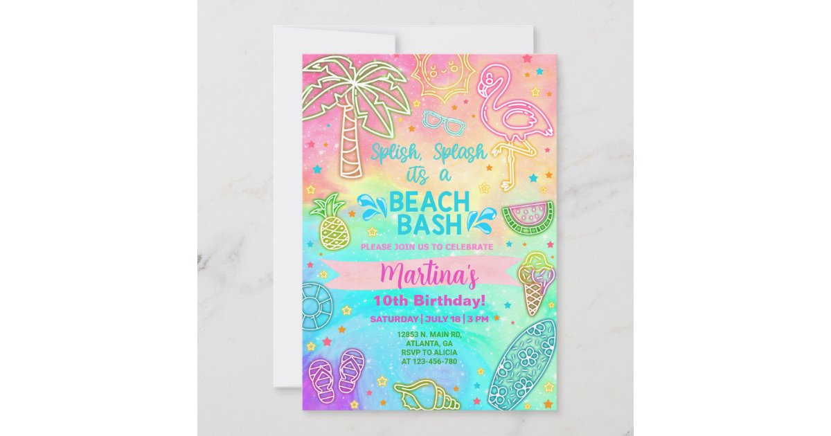 Girl neon beach bash birthday summer invitation. invitation | Zazzle