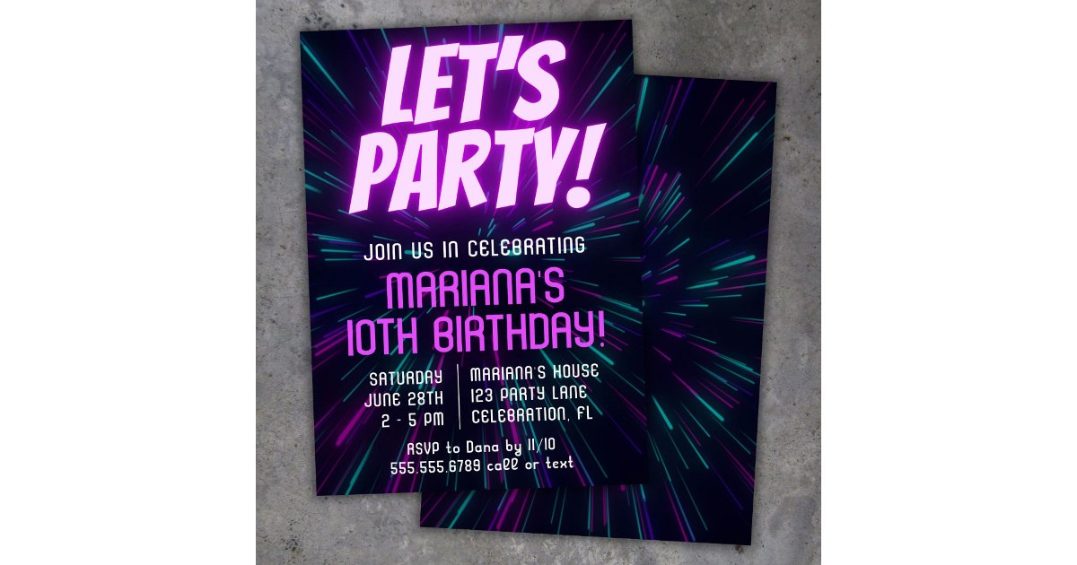 Girl Neon Purple Pink Birthday Party Invitation | Zazzle