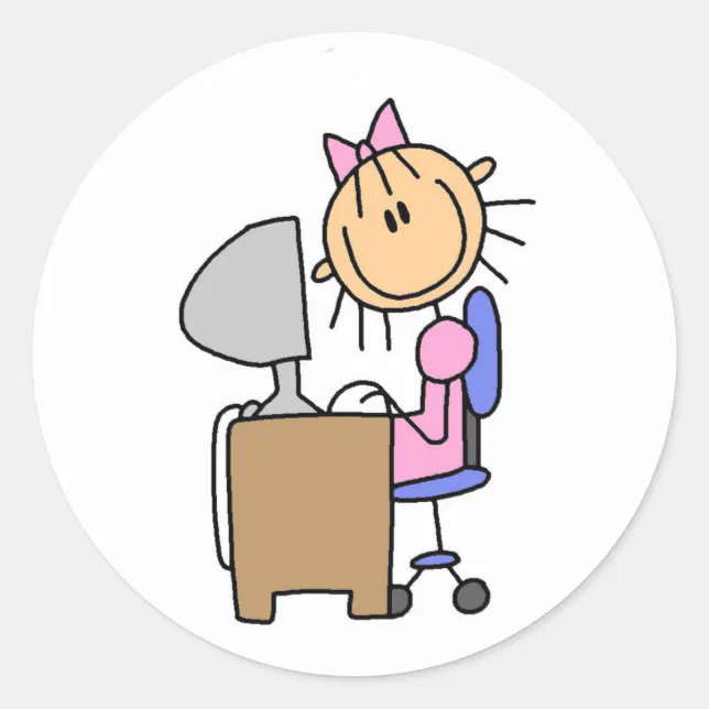 Girl on Computer Classic Round Sticker | Zazzle
