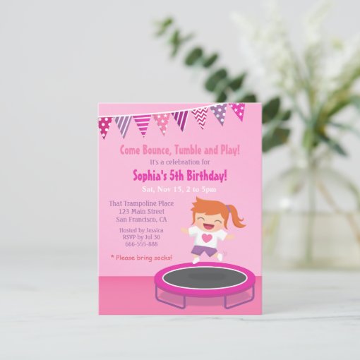 Girl on Trampoline Kids Birthday Party Invitations | Zazzle
