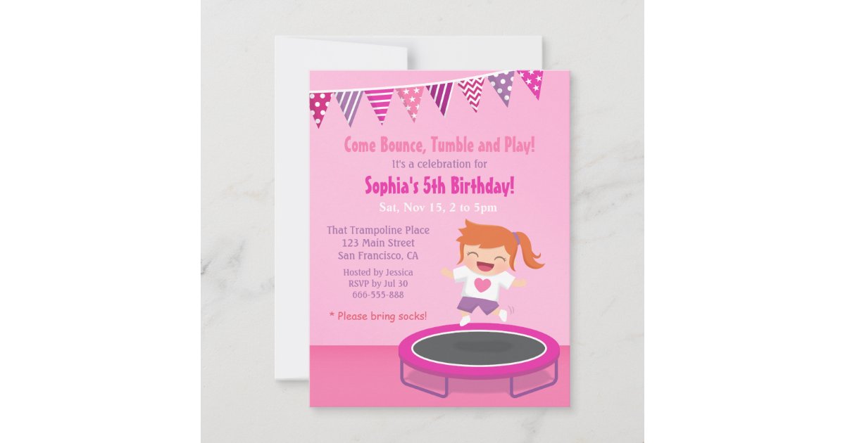 Girl on Trampoline Kids Birthday Party Invitations | Zazzle