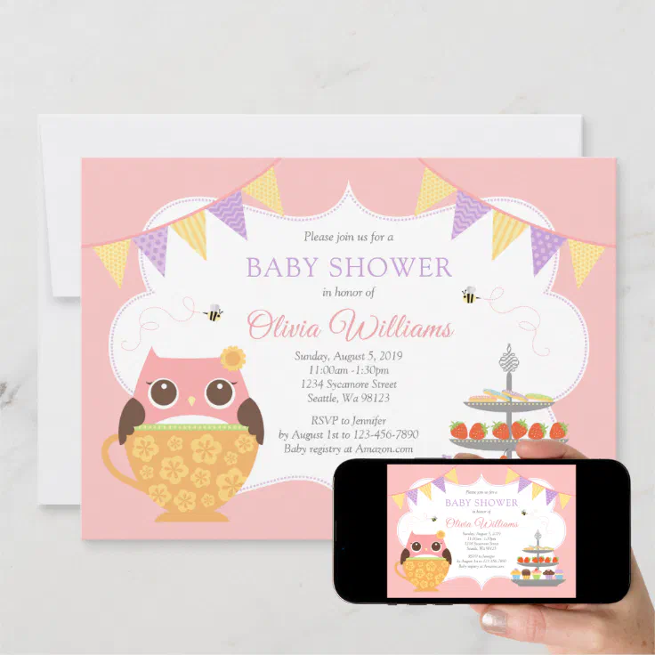 Girl Owl Tea Party Baby Shower Invitation | Zazzle