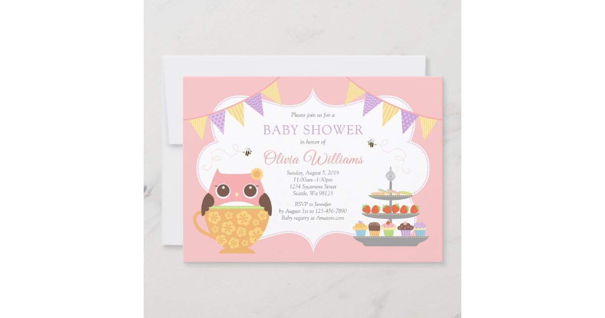 Girl Owl Tea Party Baby Shower Invitation | Zazzle