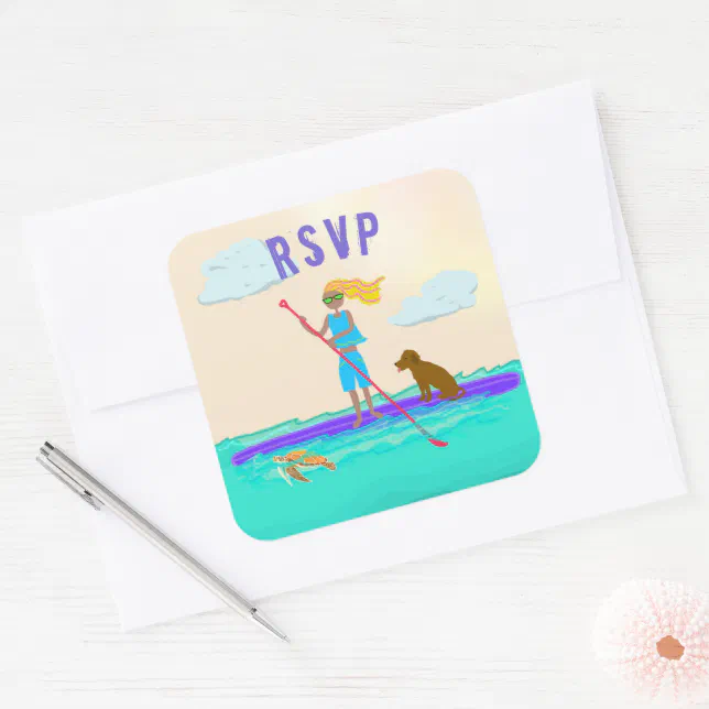 Girl Paddleboarder Party Invitation RSVP Sticker | Zazzle