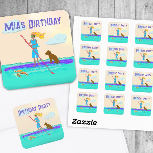 Girl Paddleboarder Party Invitation RSVP Sticker | Zazzle