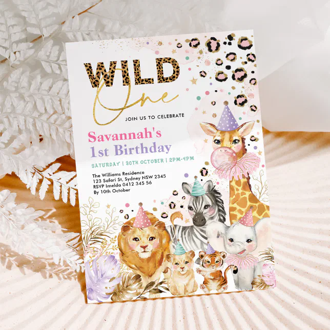 Girl Party Animals Leopard Print Wild One Birthday Invitation | Zazzle