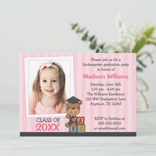Girl Photo Graduation Bear Pink Stripes Invitation | Zazzle