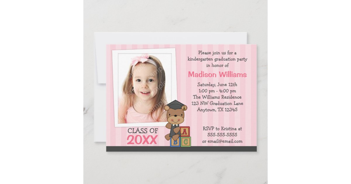 Girl Photo Graduation Bear Pink Stripes Invitation | Zazzle