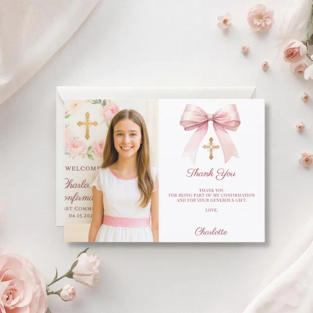 Girl photo pink bow Confirmation Thank You Card | Zazzle