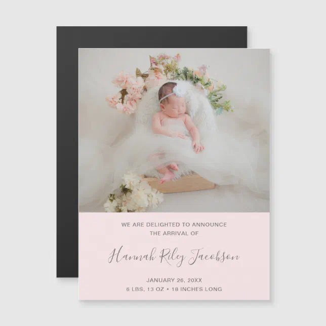 Girl Photo Pink Script Birth Announcement Magnet | Zazzle